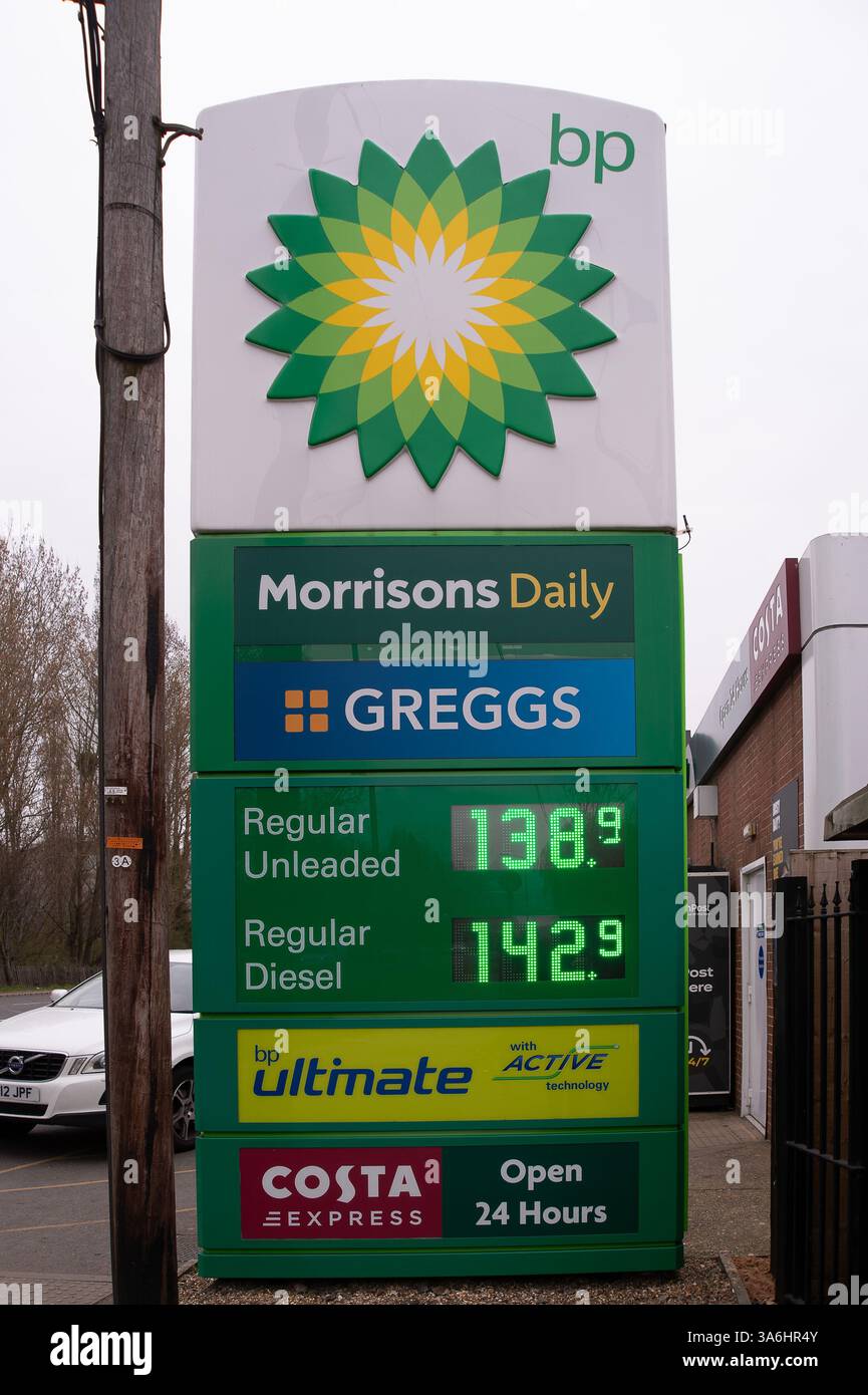 Colnbrook, UK. 25th March, 2025. A BP Petrol station in Colnbrook ...