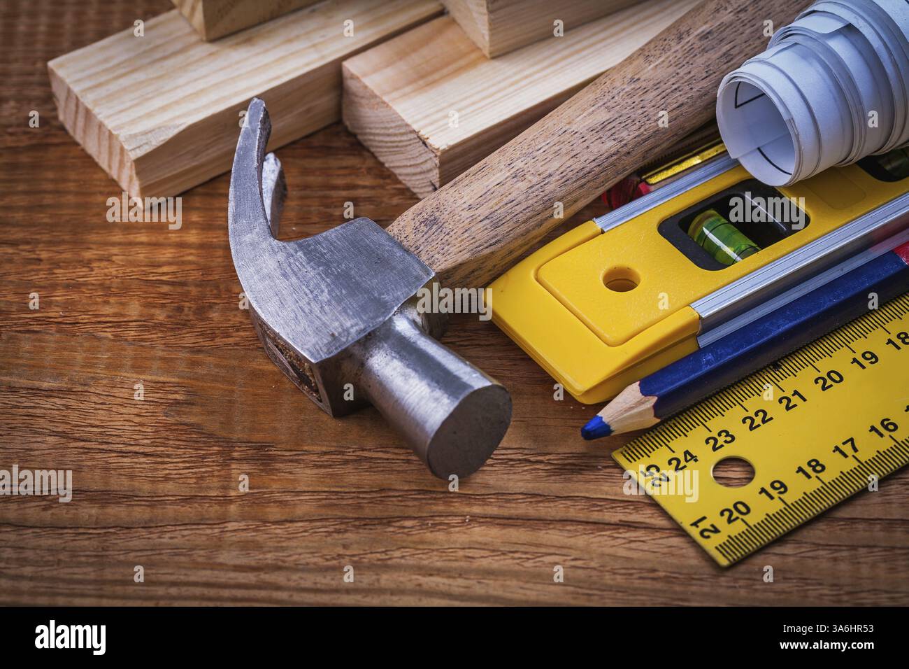 Ruler pencil blueprints wooden bricks construction level and claw ...