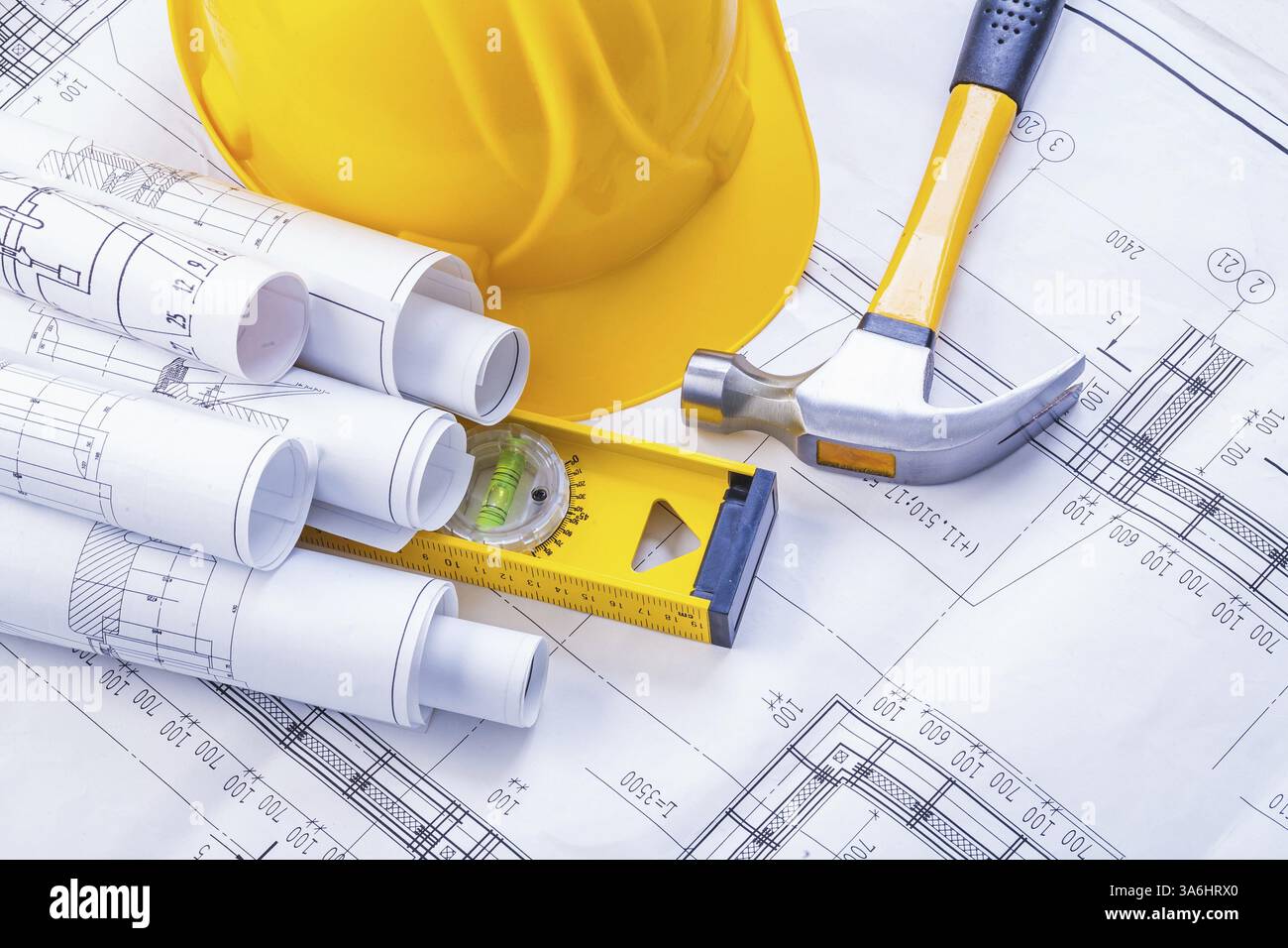 Claw hammer construction level helmet rolled blueprints horizontal ...