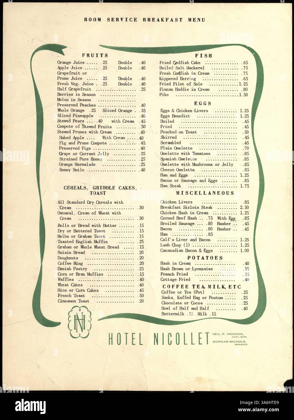 This room service breakfast menu from hotel nicollet includes a hi-res ...