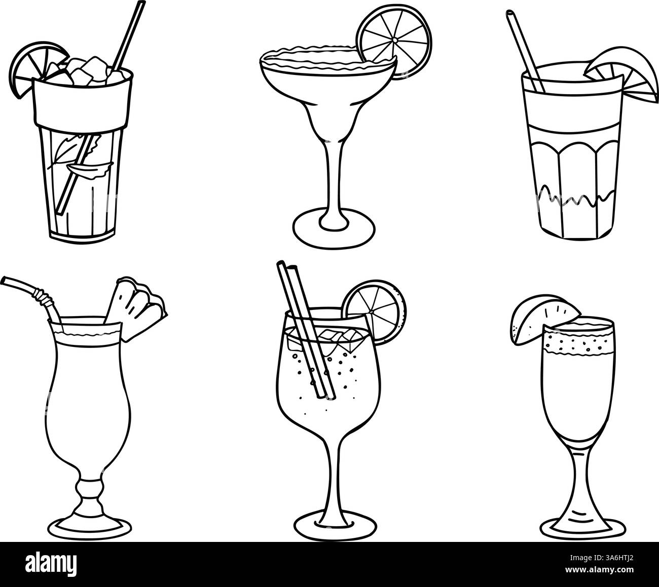Summer Cocktails set. Aperol Spritz, Mojito, Margarita, Bellini, Pina ...