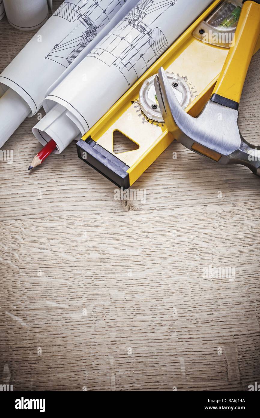Construction composition hammer level blueprint Stock Photo - Alamy