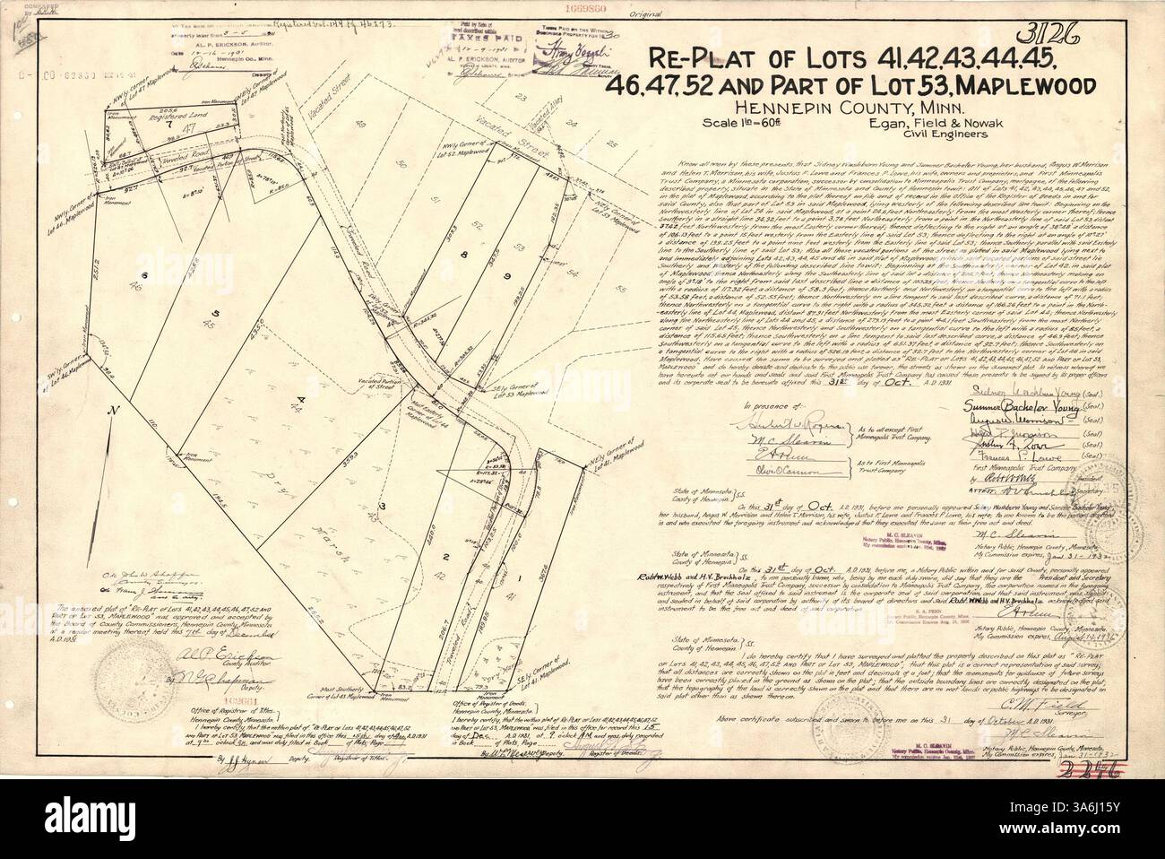 This replat map outlines changes to the layout of Lots 41 through 47 ...