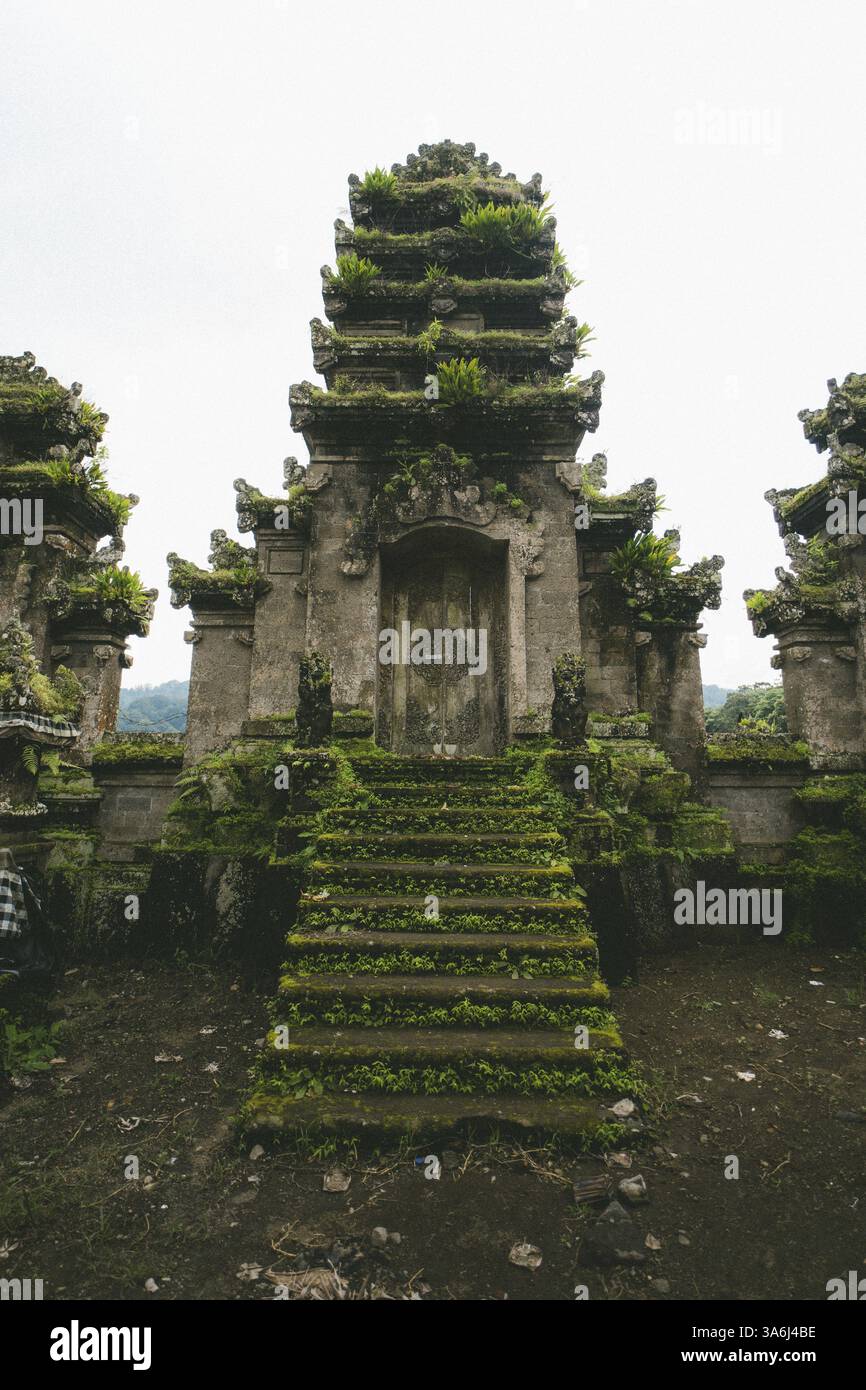 Frontal view of an ancient temple ruin with moss-covered stairs, Munduk ...