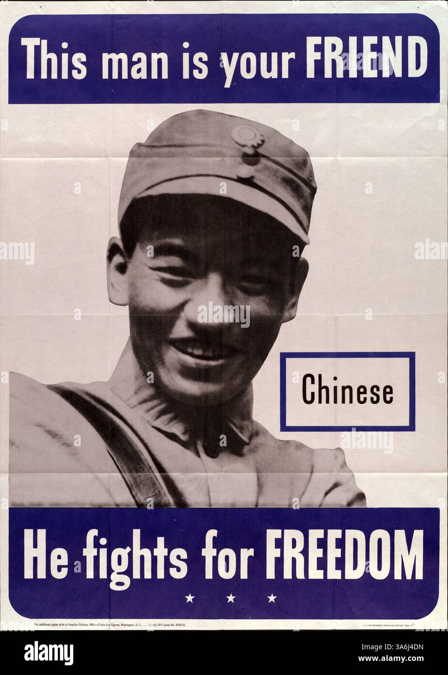 A 1942 image of a smiling Chinese soldier in a cap, intended to help ...