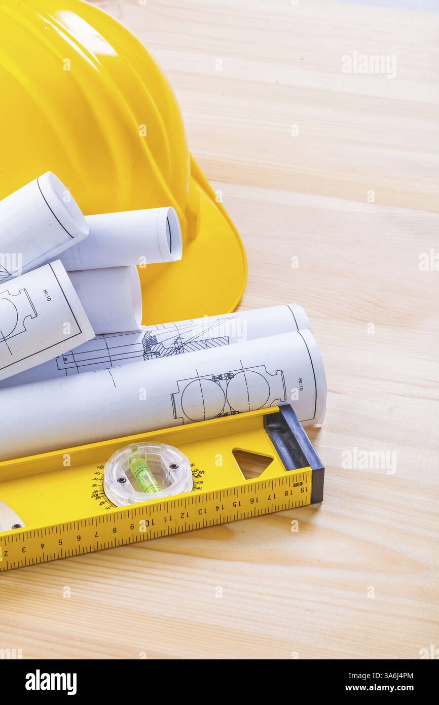 Composition of construction objects helmet level blueprints Stock Photo ...