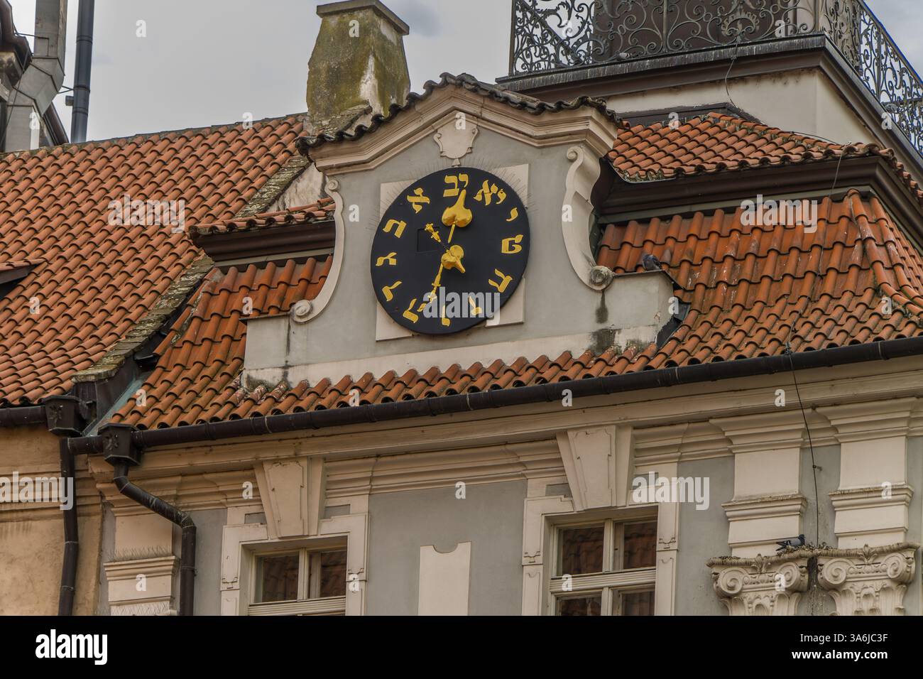 PRAGUE, CZECHIA. Hebrew clock on the old town hall building in the ...