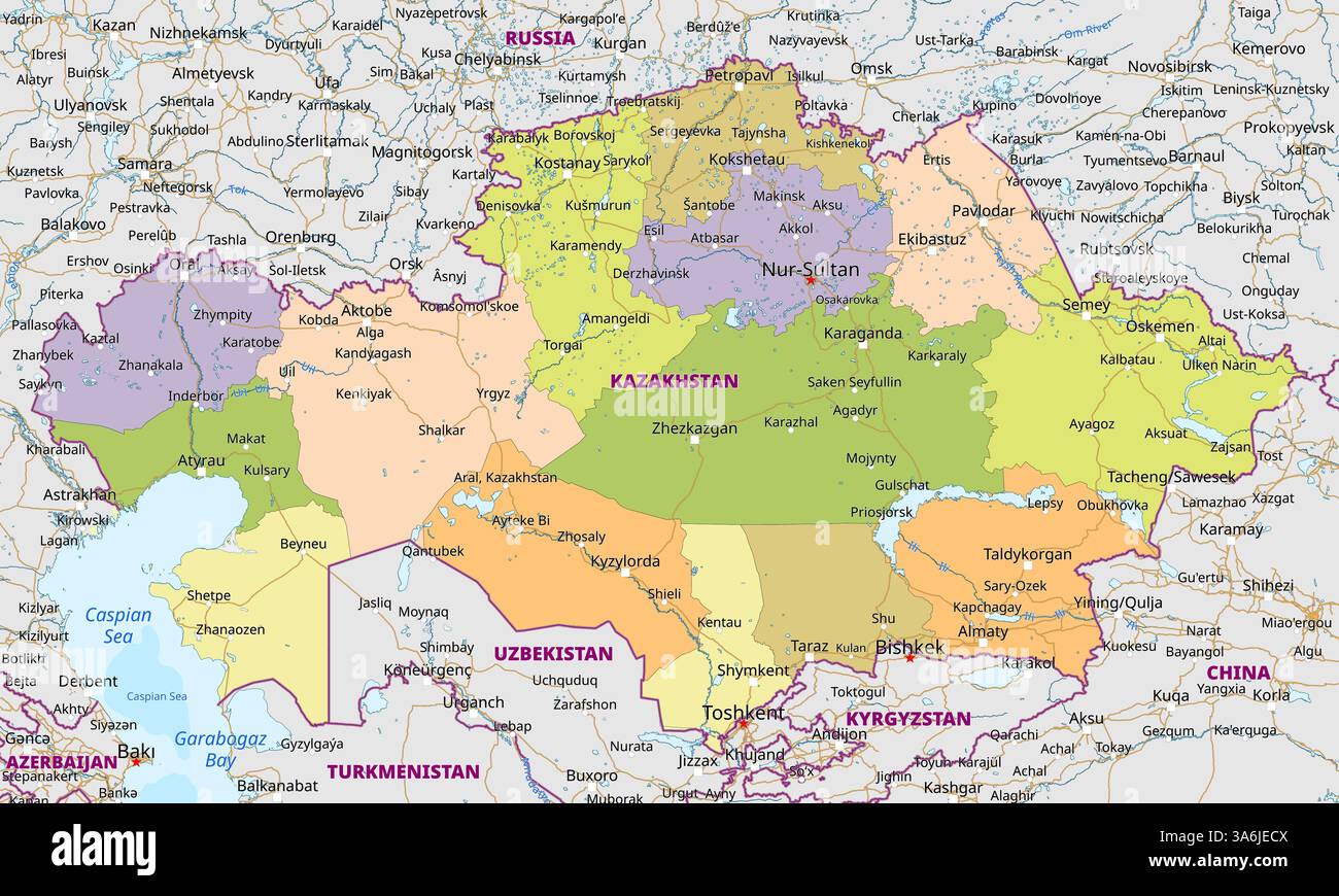 Detailed political map of Kazakhstan Stock Vector Image & Art - Alamy