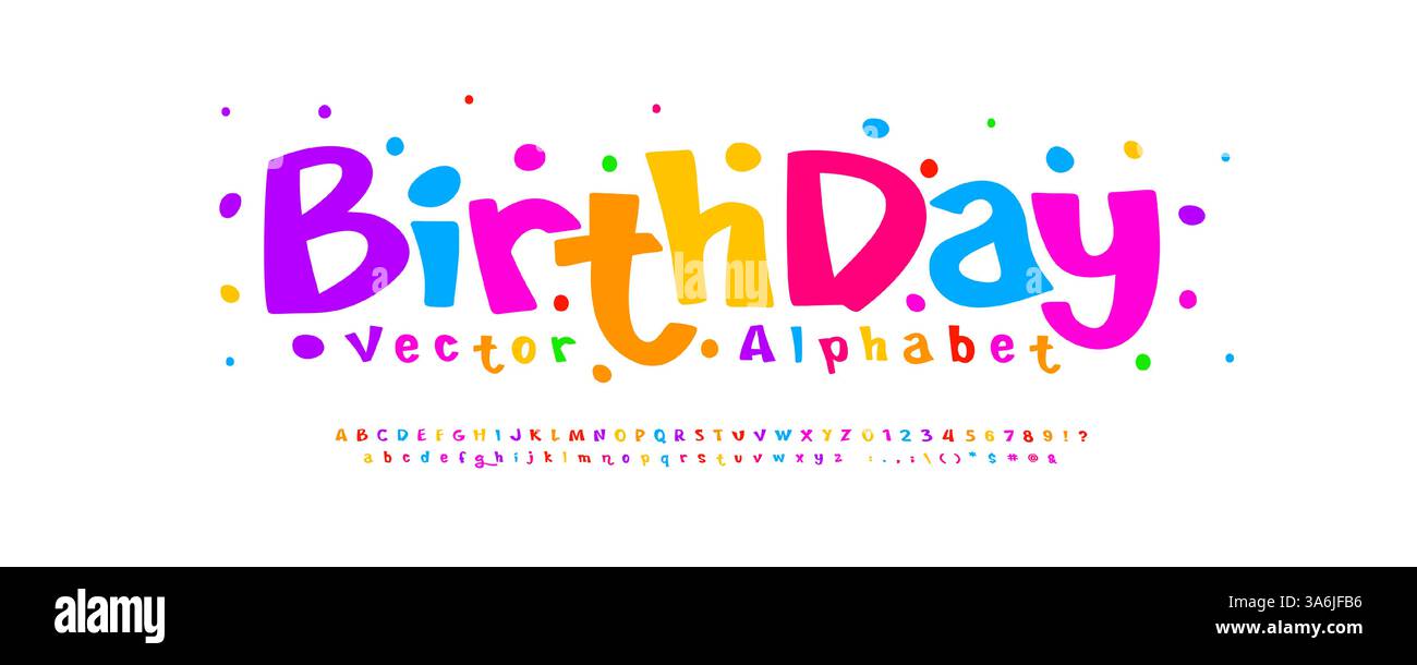 Colorful birthday cartoon font. Fun playful decorative alphabet with ...