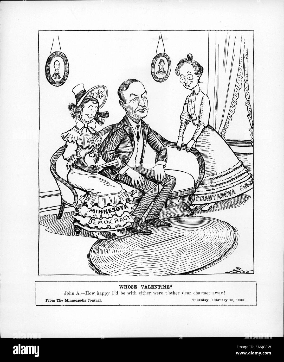 A 19th-century illustration featuring John A. Johnson courted by two ...