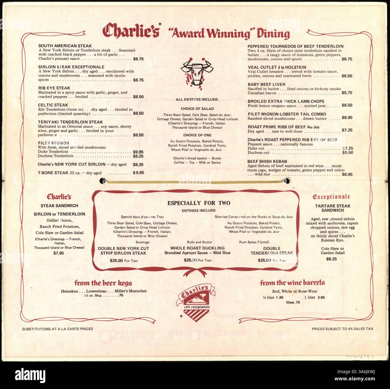 Charlie’s Cafe Exceptionale Dub Room Menu (1973) features a variety of ...