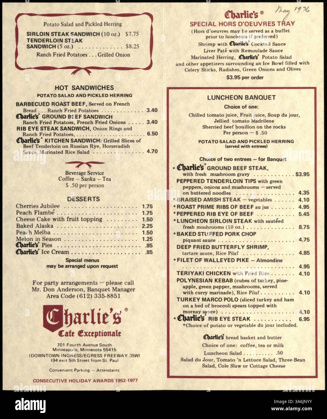 This 1976 banquet luncheon menu from charlies cafe exceptionale hi-res ...