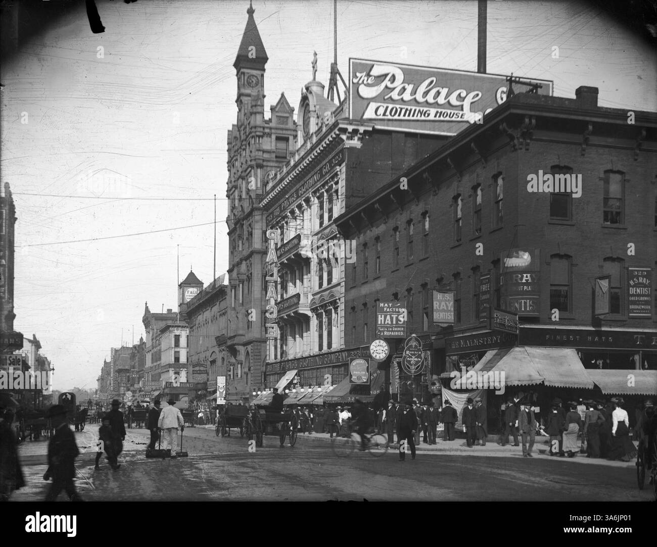 A 1902 photograph of Nicollet Avenue at 4th Street captures the Warner ...