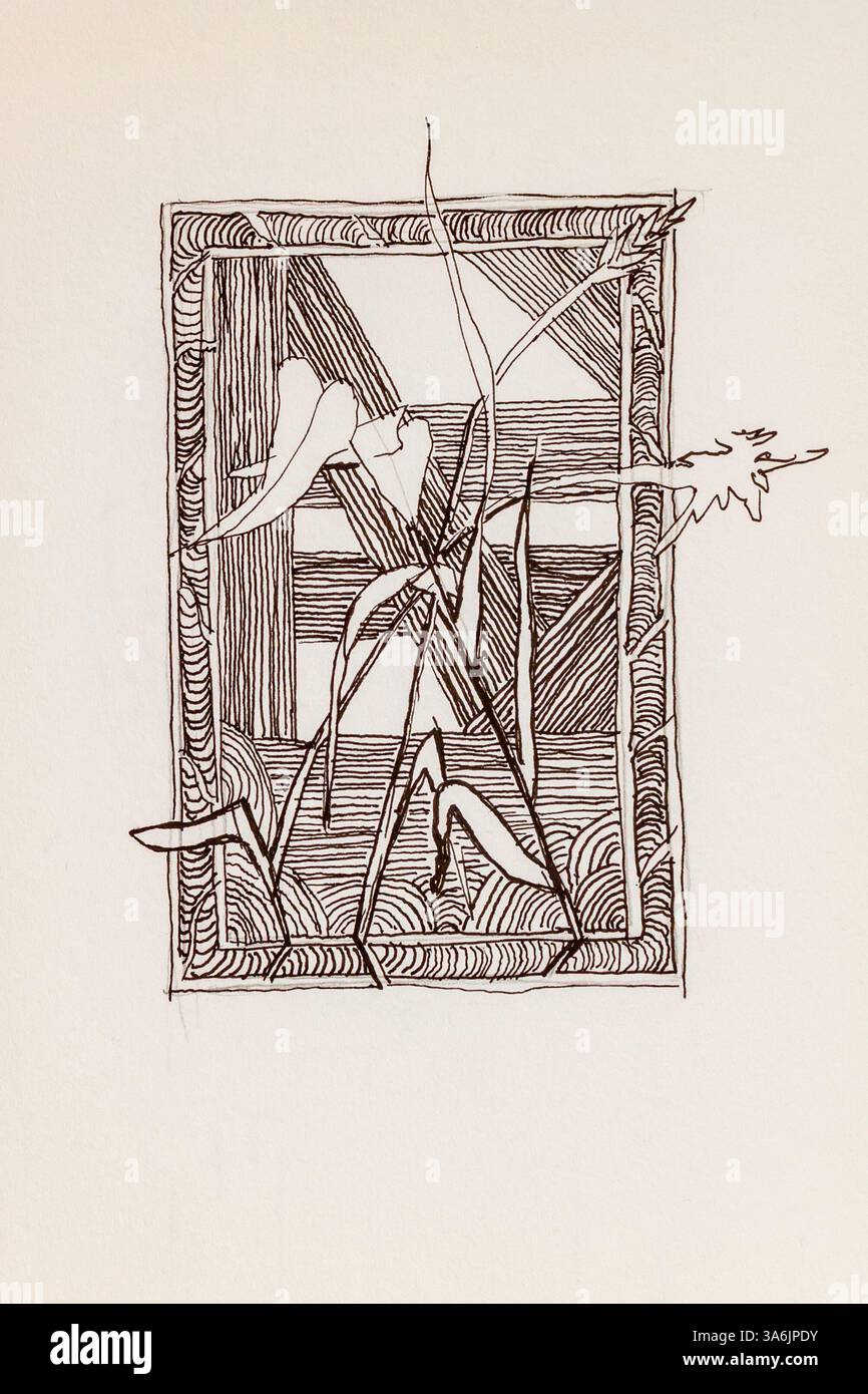 Ink artwork of geometric frame with stylized leaves and layered linear ...