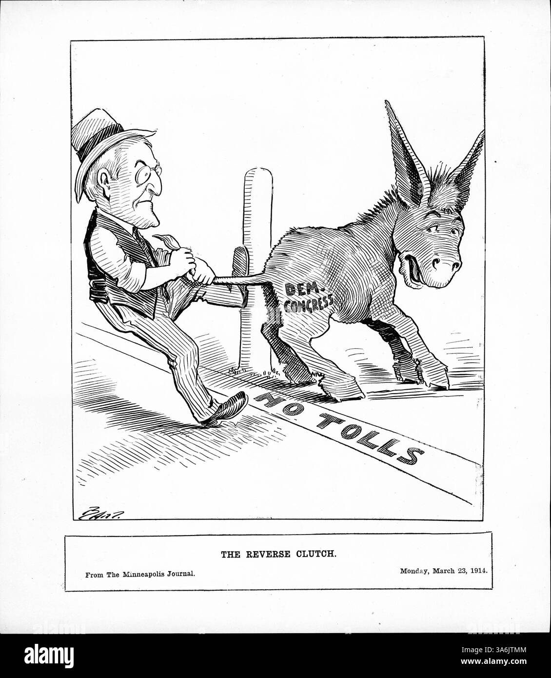 A political cartoon showing President Woodrow Wilson attempting to pull ...