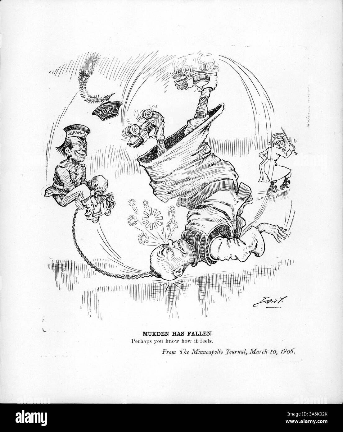 A cartoon depicts the fall of Mukden with a character, symbolizing ...