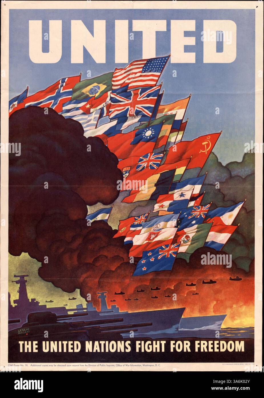 A 1943 poster from the Office of War Information shows the flags of ...