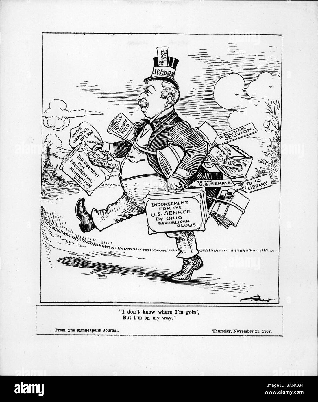 A political cartoon from the 1900s features Senator J.B. Foraker in an ...