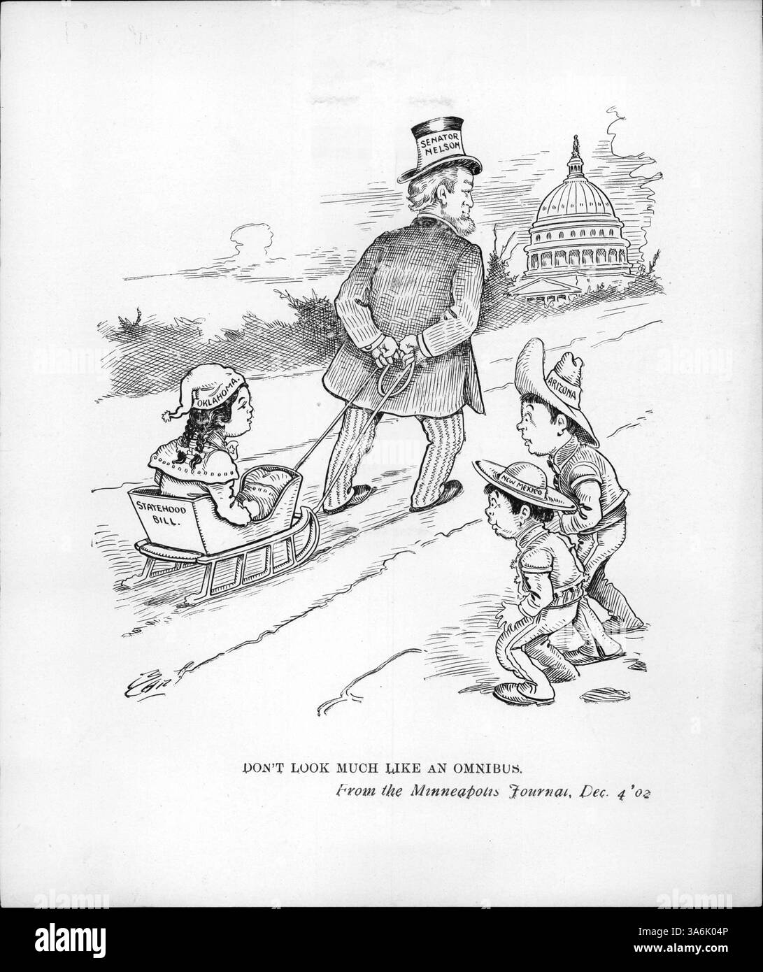 A political cartoon shows Minnesota Senator Knute Nelson pushing ...