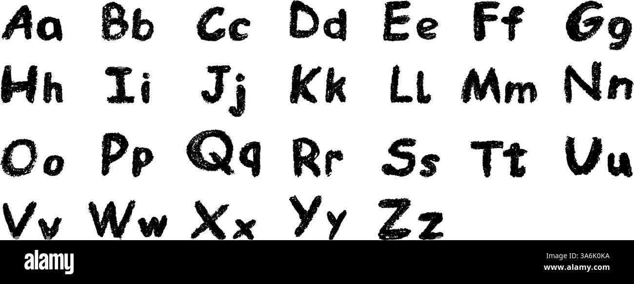 English alphabet hand-drawn in a crayon. Capital and lowercase black ...