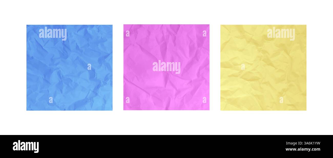 Set of crumpled colorful paper texture. Abstract pink, blue and yellow ...