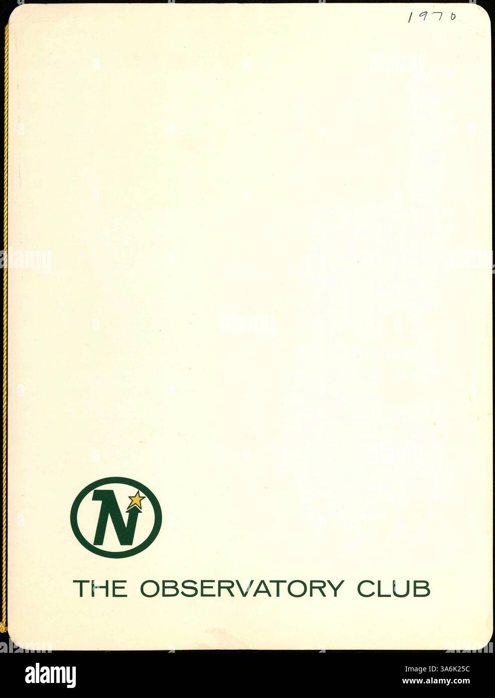 The Observatory Club menu is a bi-fold document bound with yellow cord ...