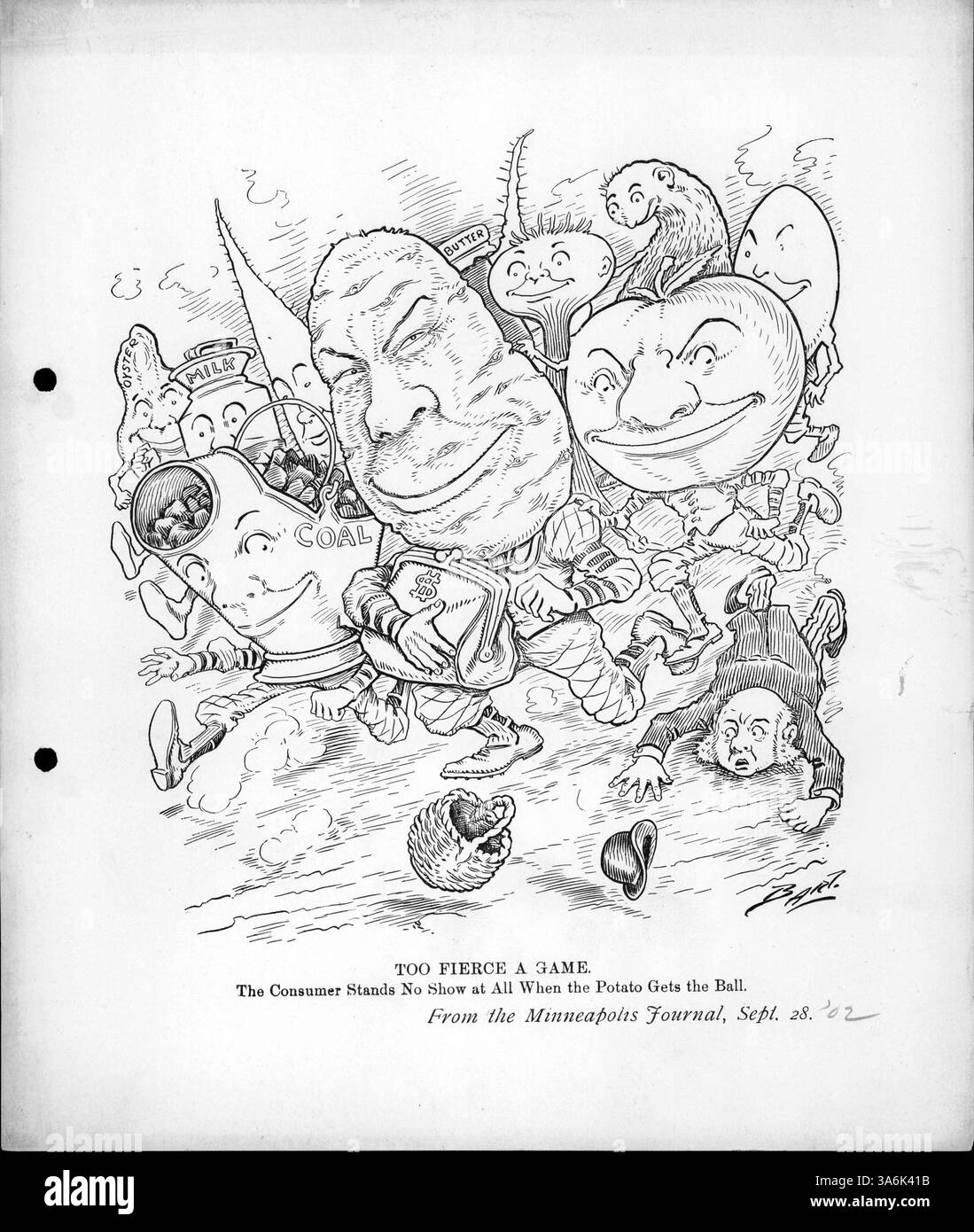 In a satirical portrayal of economic forces, the 'Potato Man' knocks ...