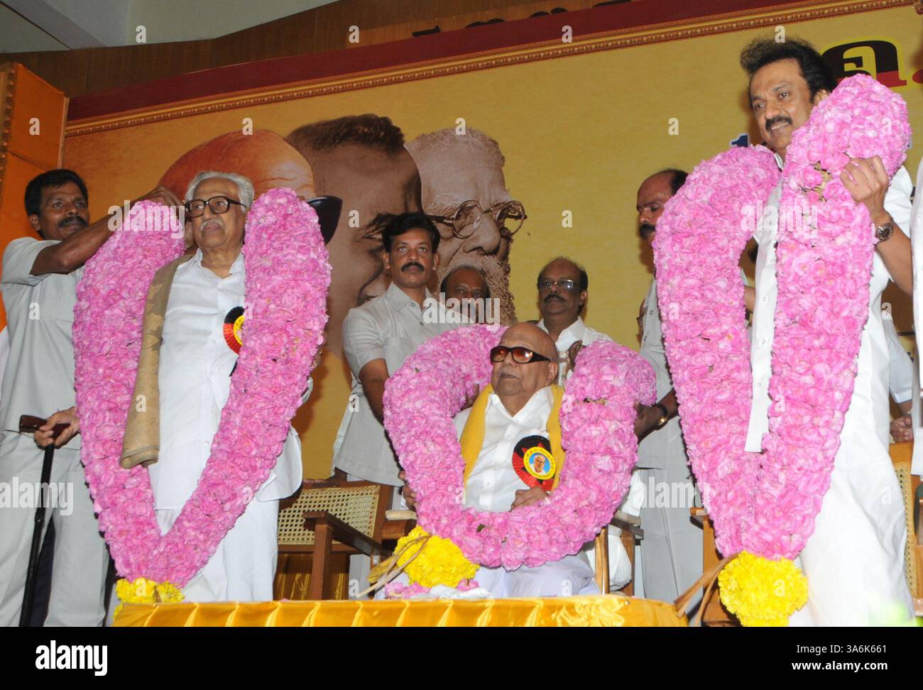 CHENNAI, TAMIL NADU â€“ JANUARY 09: Karunanidhi with his son M.K. Stalin in DMK General Council ...