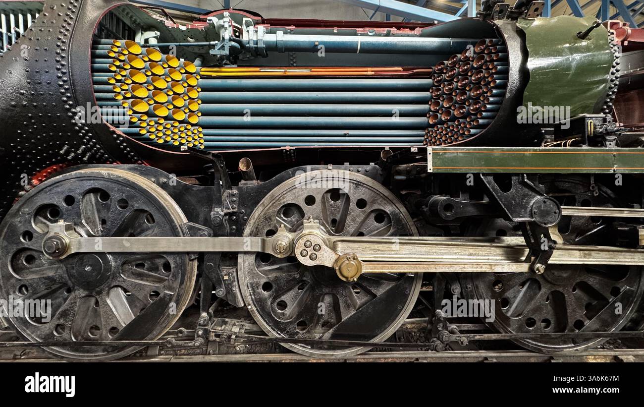 Cutaway view of a steam locomotive, showcasing internal boiler tubes ...
