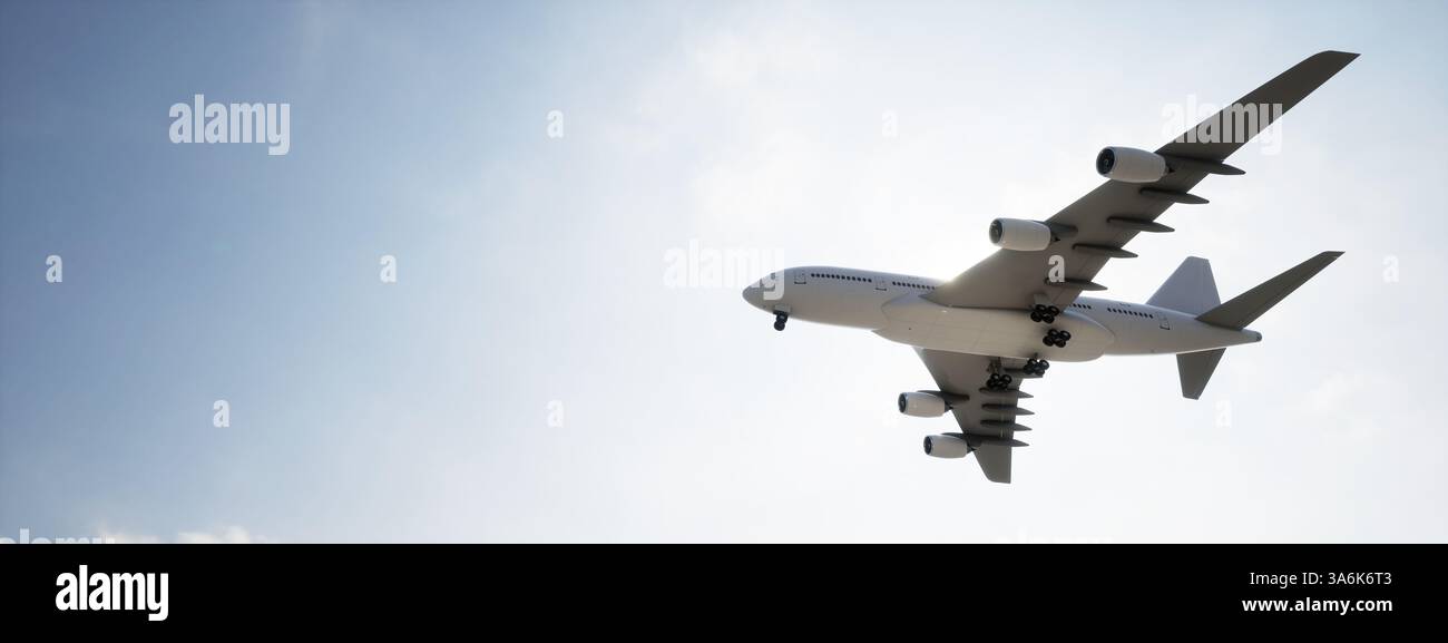 Conceptual flying white passenger jetliner or commercial plane after ...