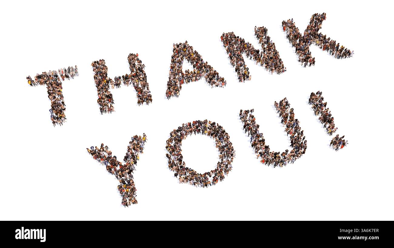Concept or conceptual large community of people forming THANK YOU ...