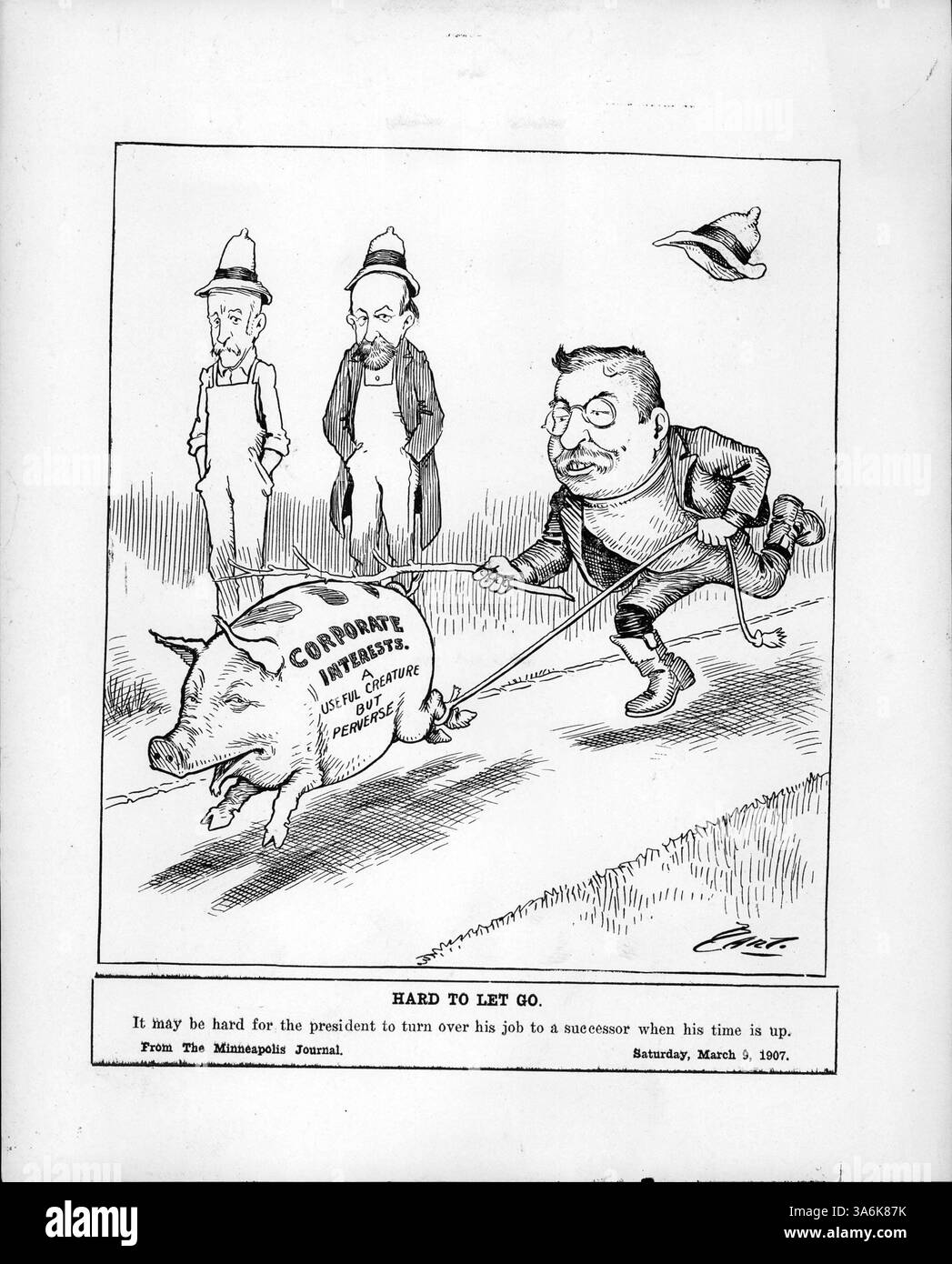 A political cartoon depicting President Theodore Roosevelt holding back ...