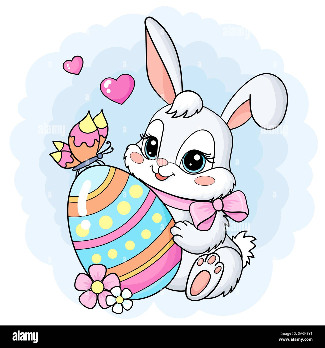 Cute white Easter bunny holding an egg in his paws. Flat design. For ...