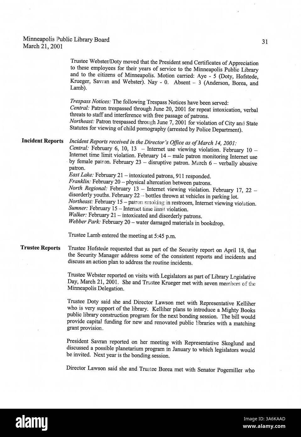 The 2001 minutes of the Minneapolis Public Library Board document ...