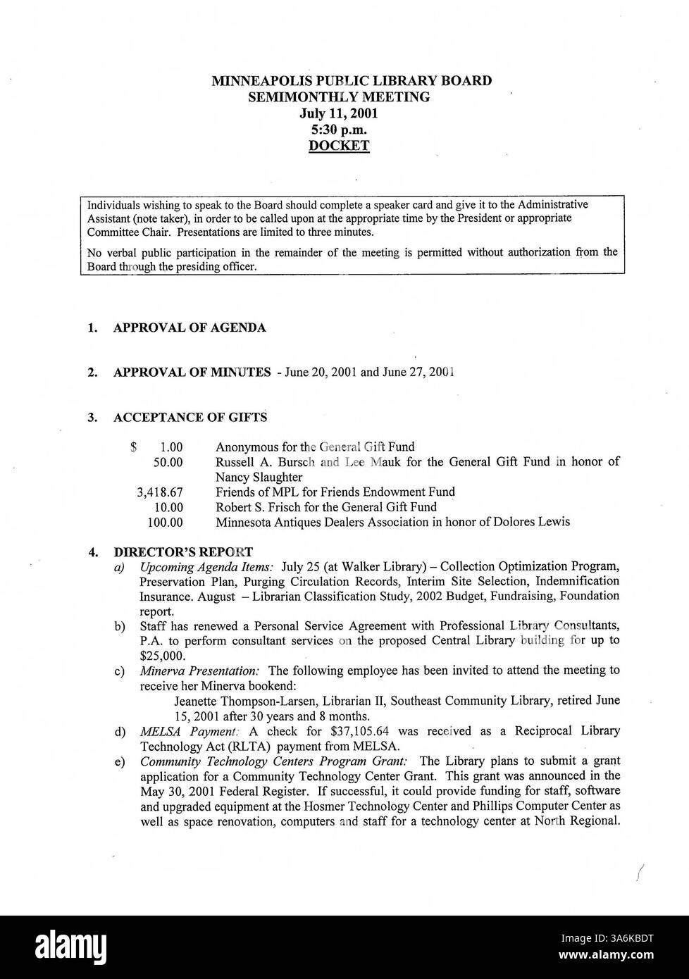 The 2001 meeting minutes of the Minneapolis Public Library Board of ...