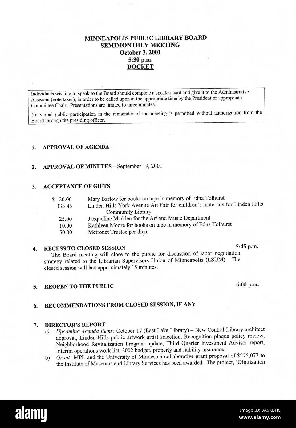 The 2001 minutes for the Minneapolis Public Library Board provide an ...