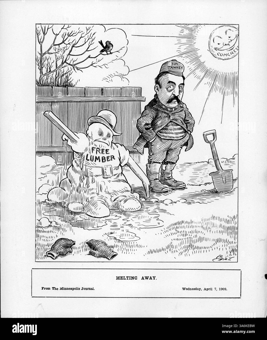 A political cartoon showing Congressman Jim Tawney watching a snowman ...