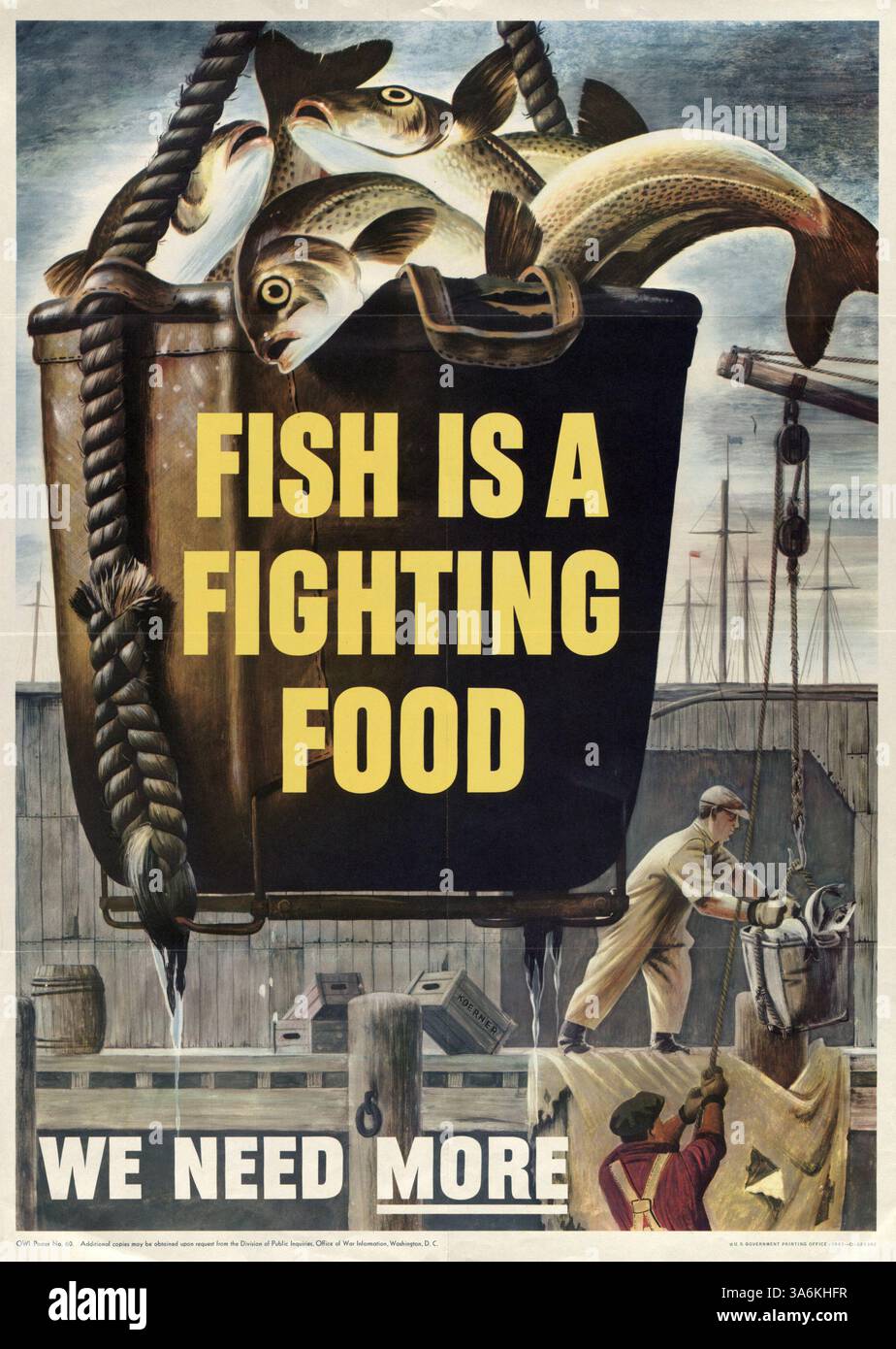 A bucket filled with fish is pulled from the water, while men work at ...