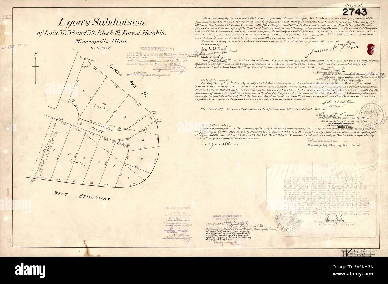 The subdivision map for Lyon’s Subdivision includes a note from a ...
