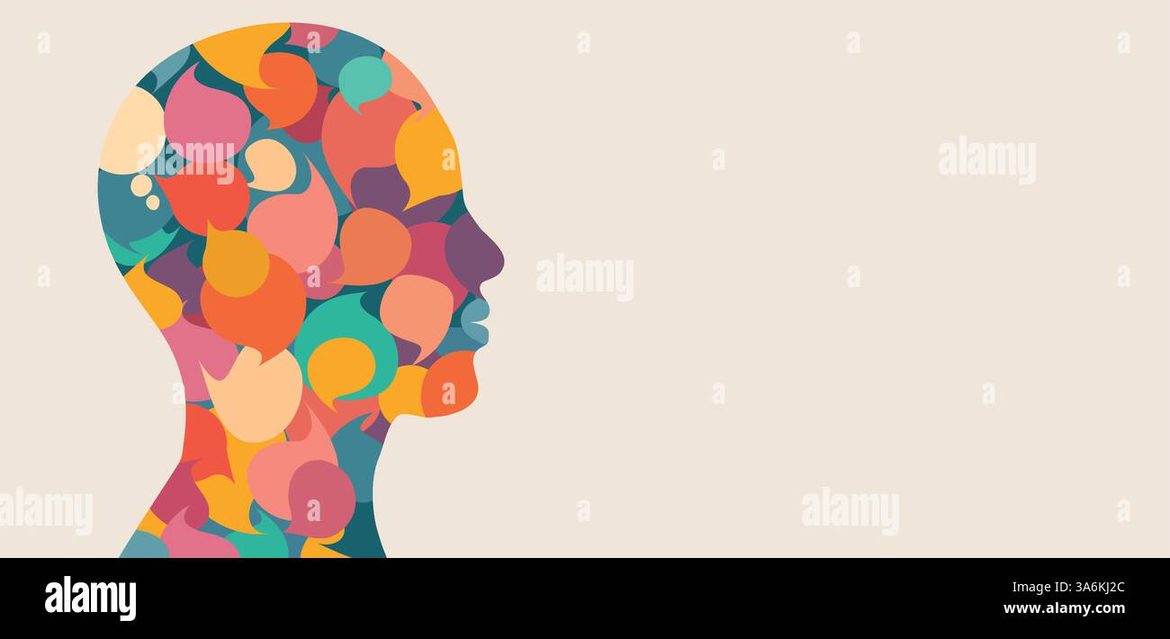 Anonymous human head silhouette with many speech bubbles inside as ...