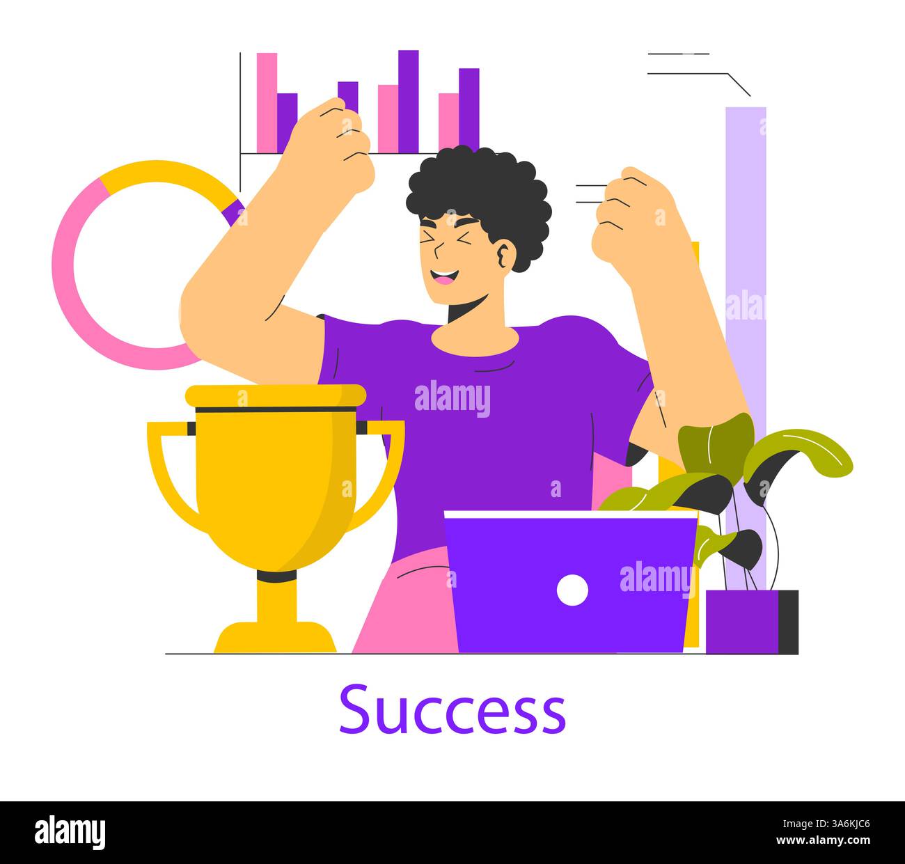 Goal achievement illustration shows a person celebrating success with ...