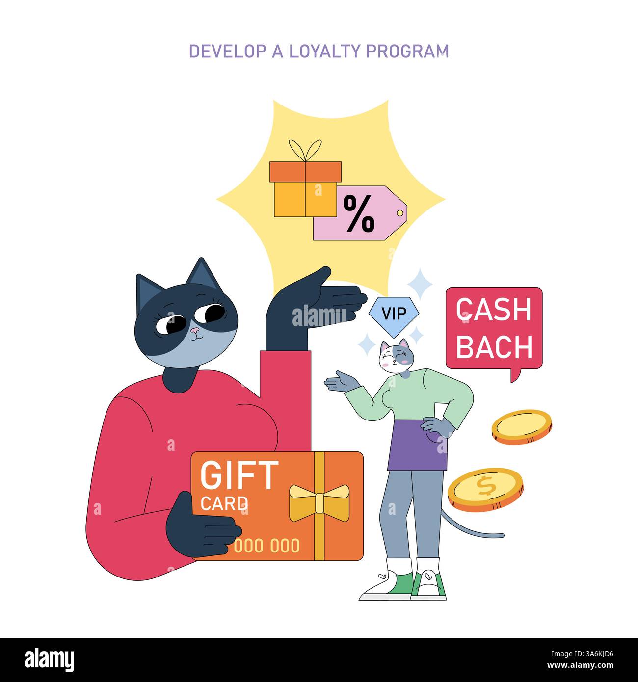 Loyalty program illustration showing a cat character presenting gift ...