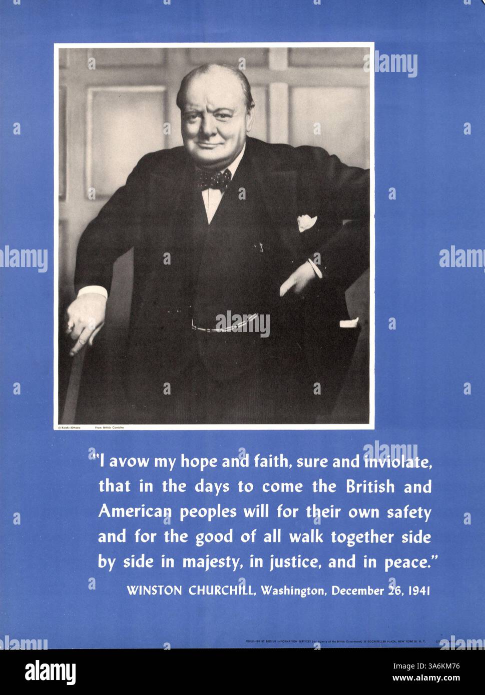A photograph of Winston Churchill with a quote from his speech on ...