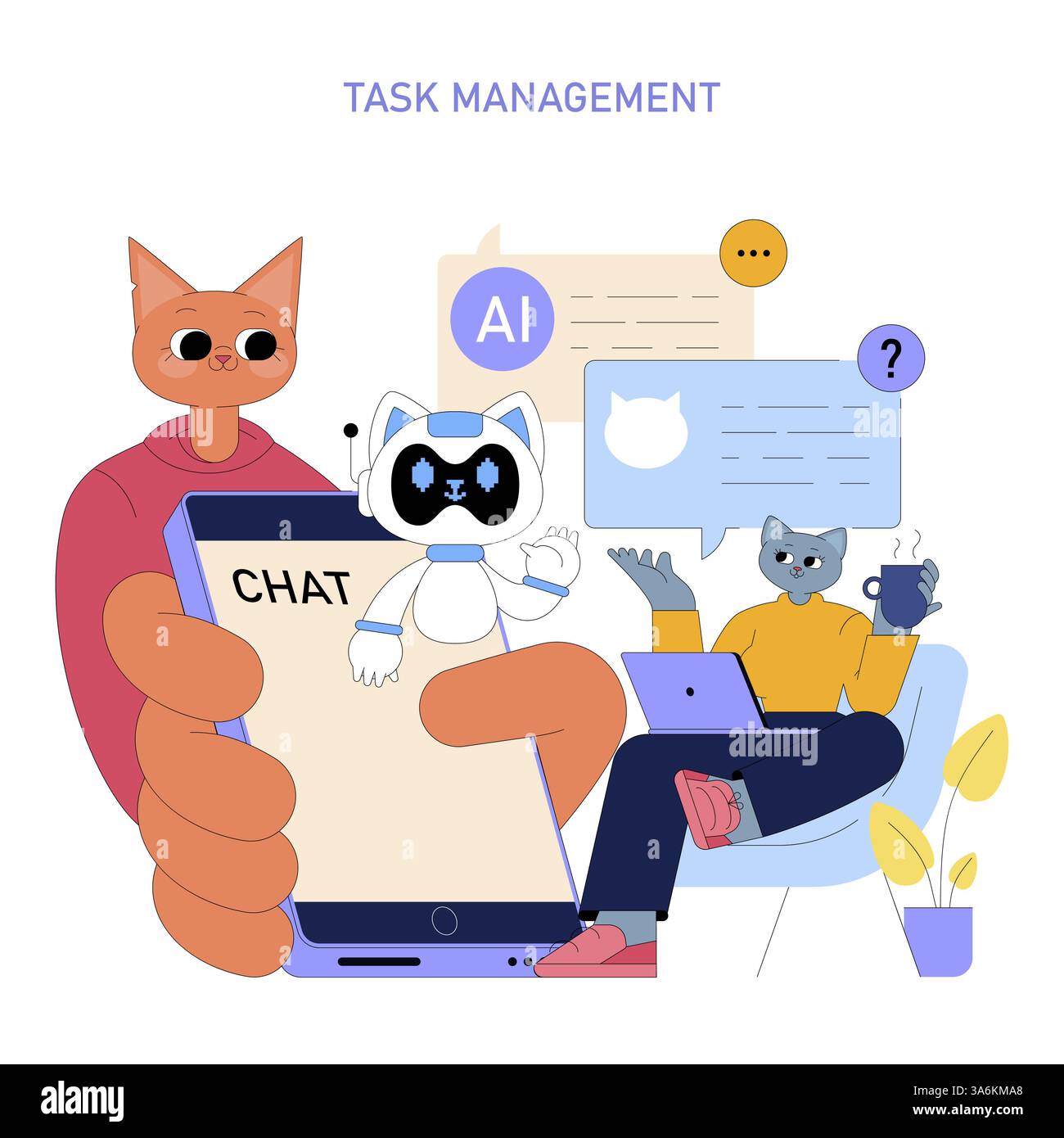 The Illustration Portrays A Modern Approach To Task Management Featuring A Cat Character Using