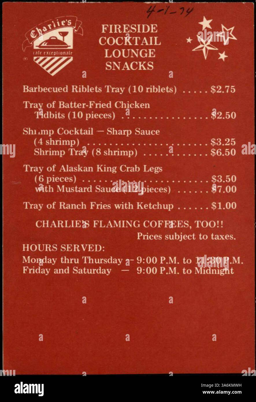 The 1974 snack menu from Charlie's Cafe Exceptionale Fireside Cocktail ...
