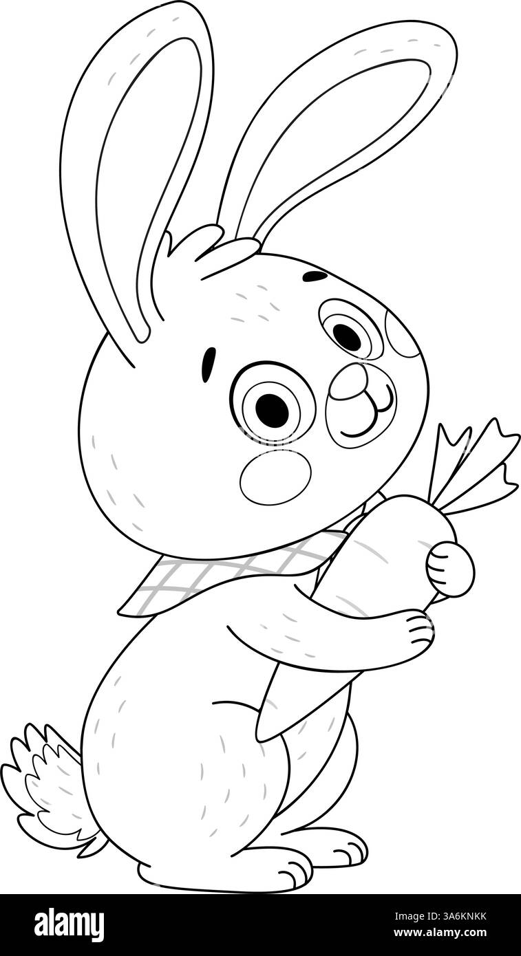 Cute Easter Bunny hugs big carrot coloring page. Hand drawn line art ...