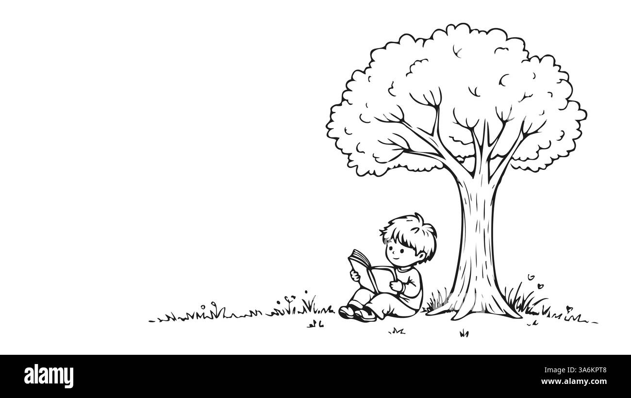 School boy reading under tree Black and White Stock Photos & Images - Alamy