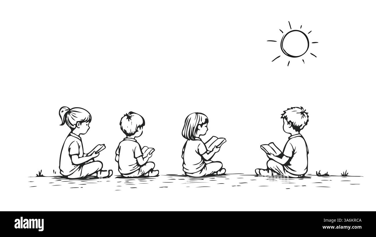 Kids reading books together. Sun shines above grass. Educational ...