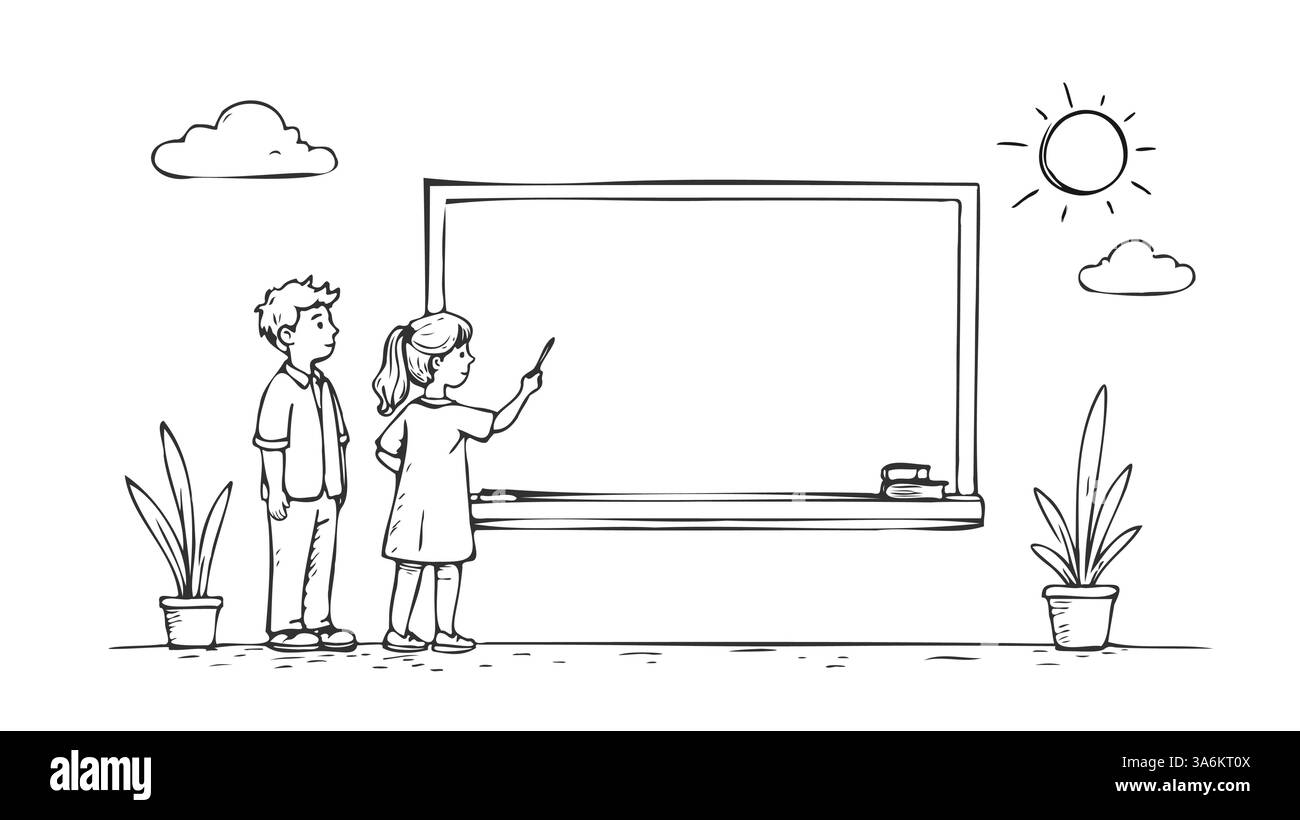 Kids near chalkboard at school. Boy girl learning teaching. Education ...