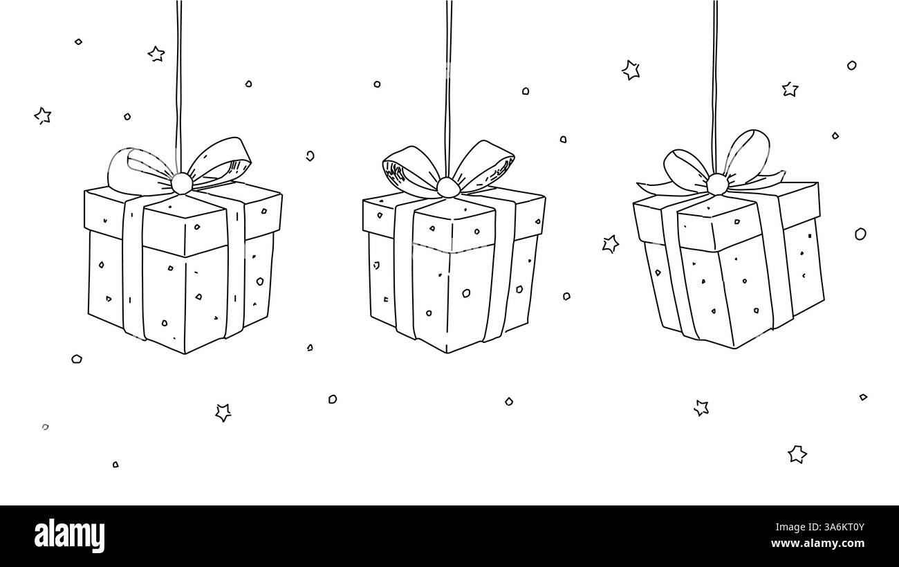 Hanging gift boxes with bows. Tiny stars simple decoration. Good for ...